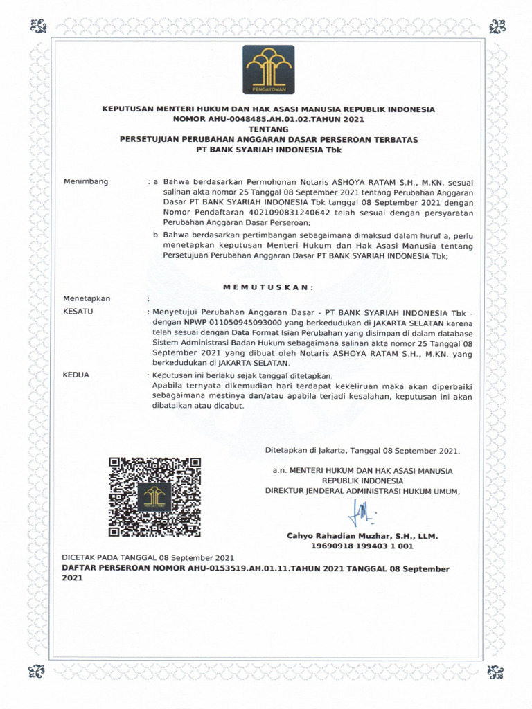 SK Persetujuan Perubahan Akta No. 25 Tanggal 8 Sept 2021 TTD | PDF