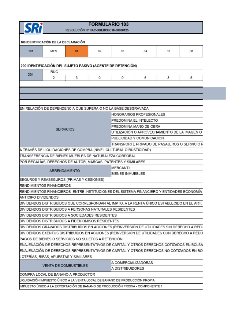 Formulario 103: 200 Identificación Del Sujeto Pasivo (Agente de Retención) | PDF | Impuestos ...
