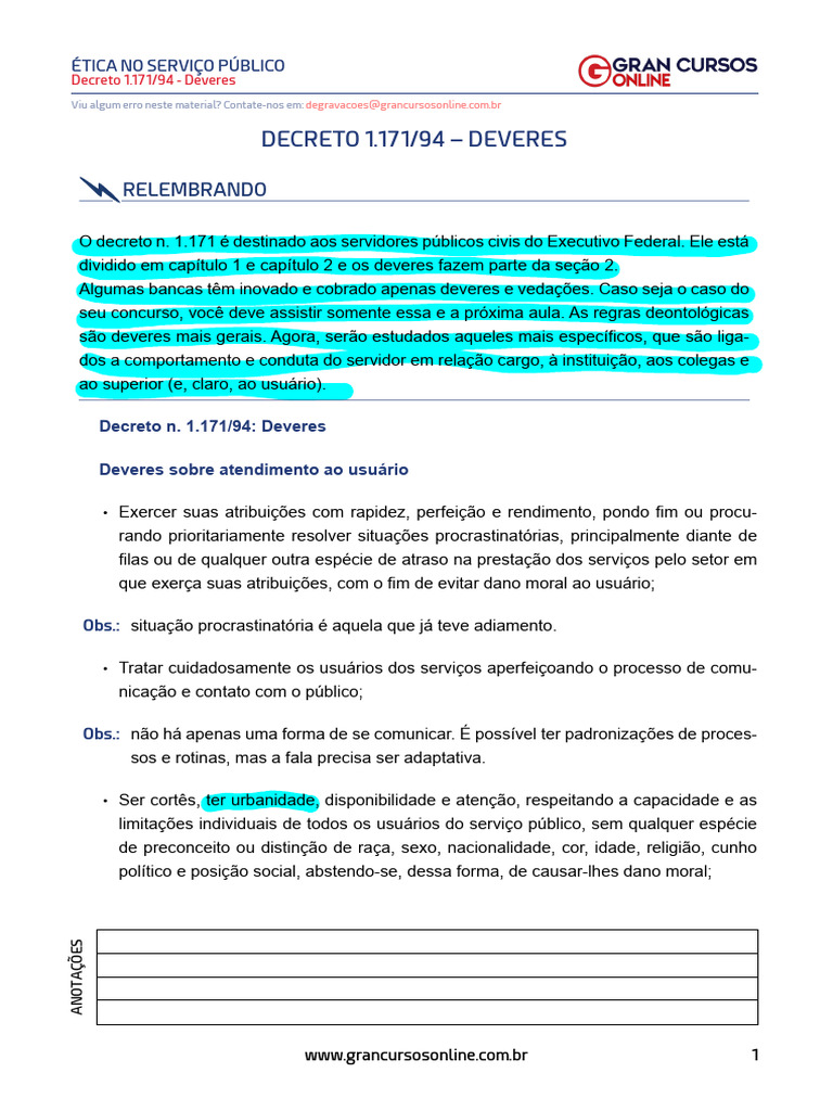 Aula 4 Decreto 1 171 94 Deveres Pdf Serviços Públicos