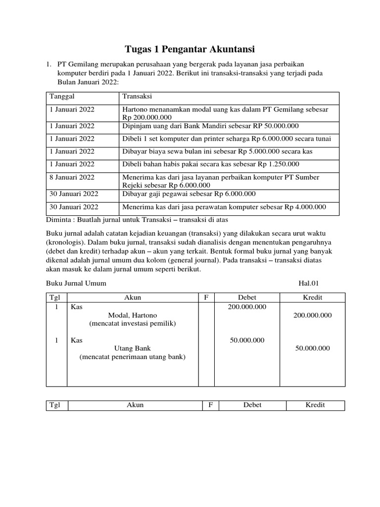 Tugas 1 Pengantar Akuntansi | PDF | Bisnis | Pengelolaan Keuangan & Uang