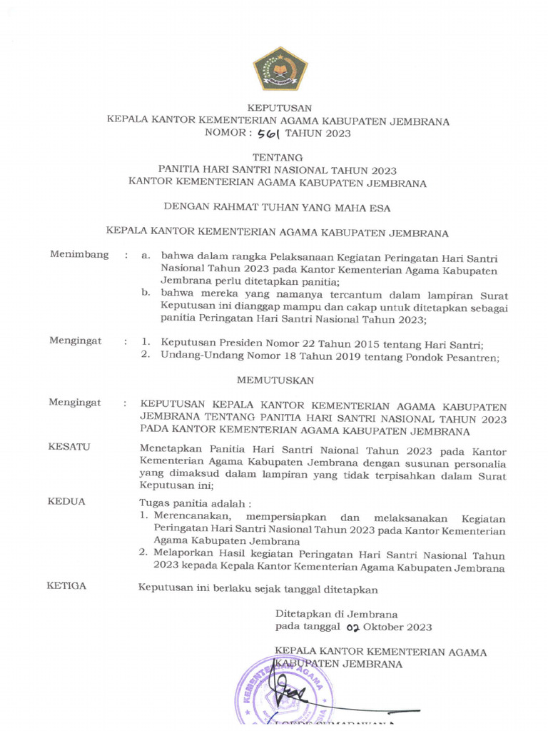 SK Panitia Hari Santri Nasional Tahun 2023 | PDF