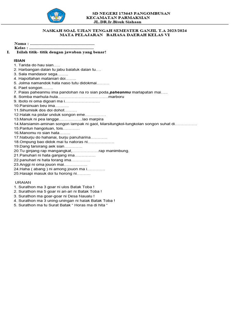 Ujian Mid Bahasa Daerah Kelas Vi Ganjil 2023-2024 | PDF