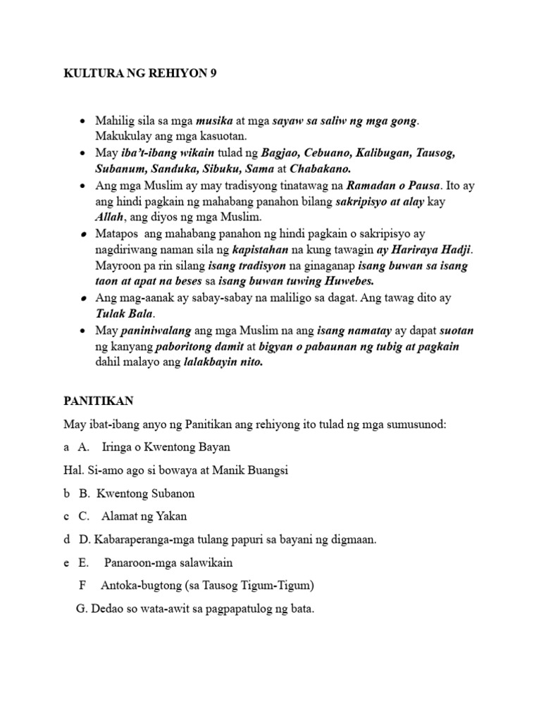 Kultura NG Rehiyon 9 | PDF