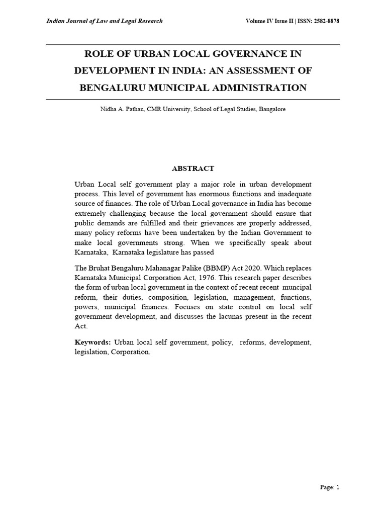 Role Of Urban Local Governance In Development In India An Assessment Of