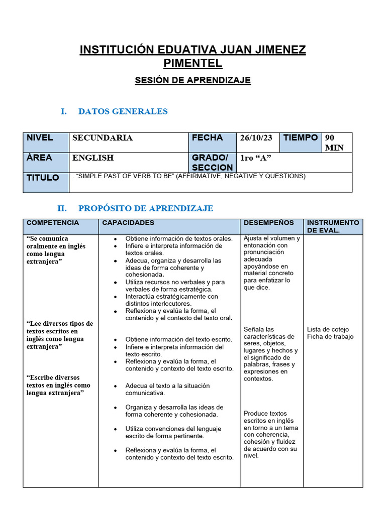 Sesion de Aprendizaje de Ingles Modelo | PDF | Idioma en Inglés | Aprendizaje