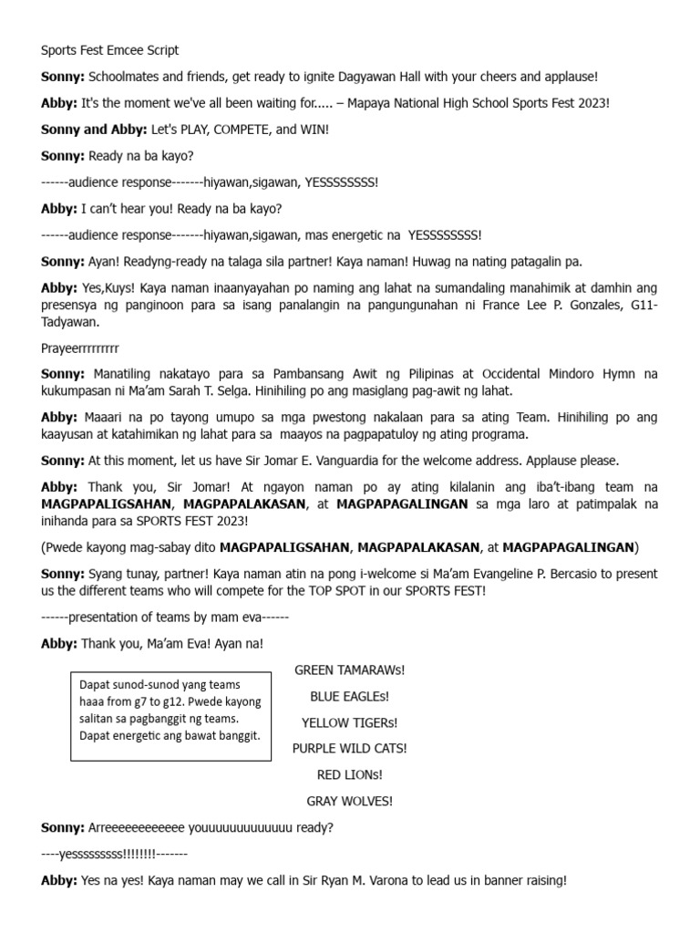 Sports Fest Emcee Script | PDF | Cooking, Food & Wine | Art