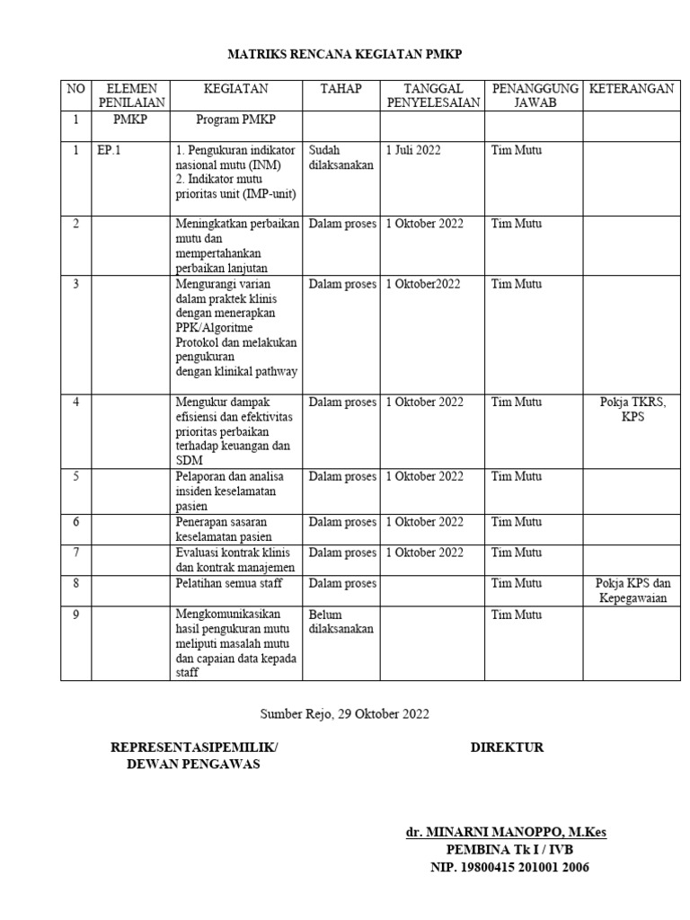 2.PMKP 9.B - Matriks Rencana Kegiatan PMKP | PDF | Bisnis
