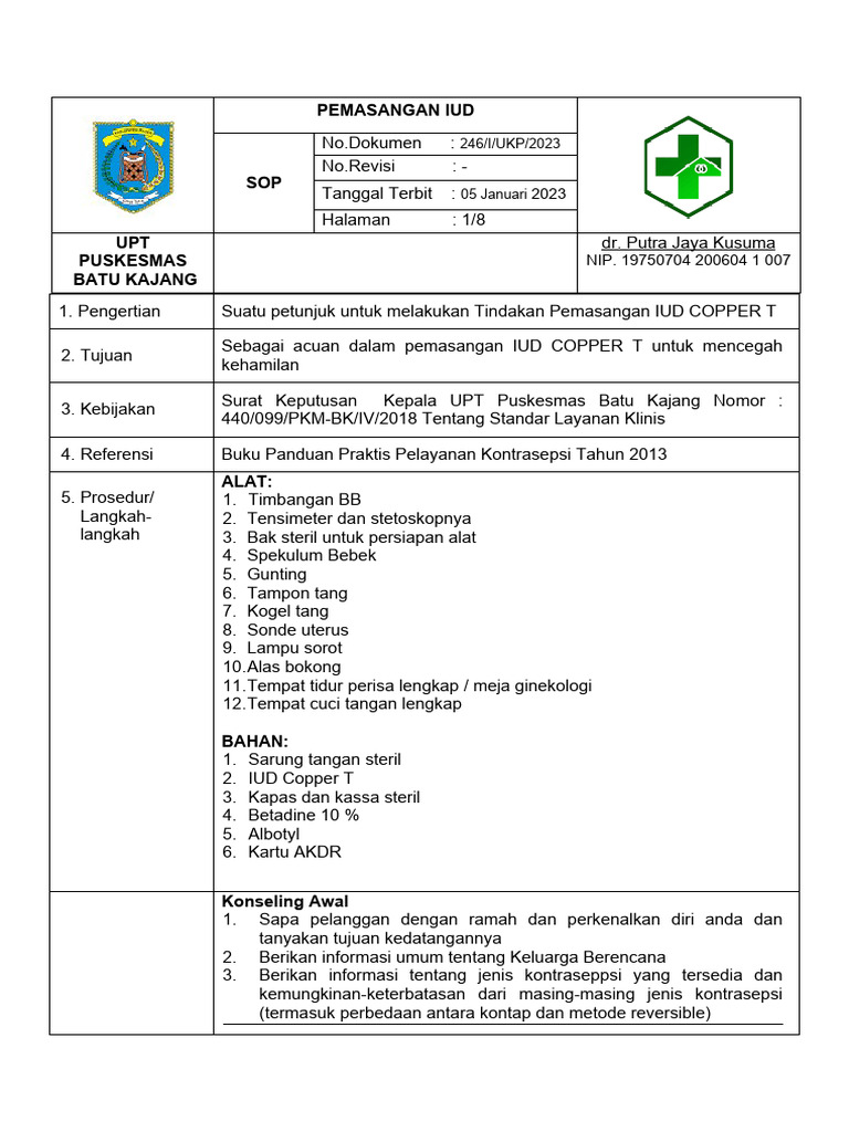 SOP Pemasangan IUD | PDF