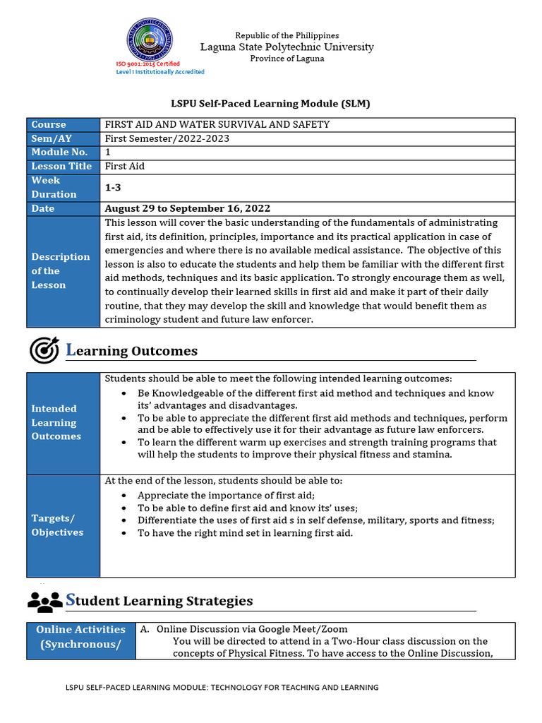 PE1 22-23 SLM Module 1 First Aid | PDF | First Aid | Learning