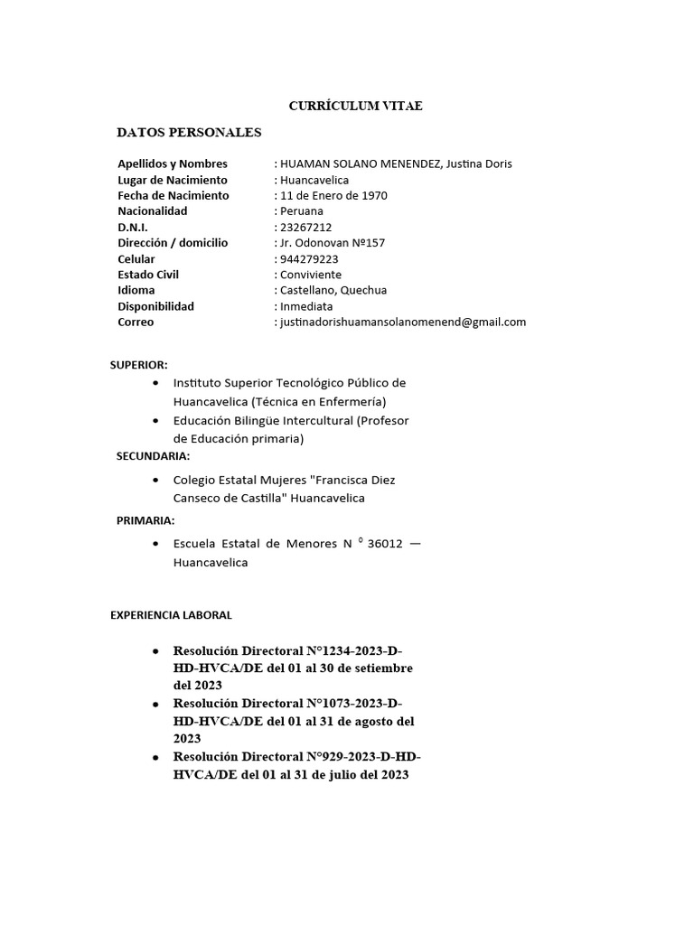 Currículum Vitae Justina Huaman Solano | PDF | Medicina | Cuidado de la salud