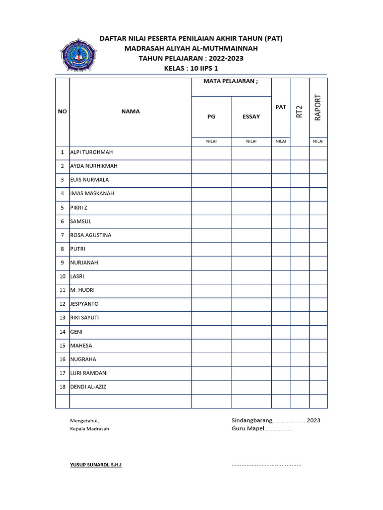 Format Nilai Pat | PDF