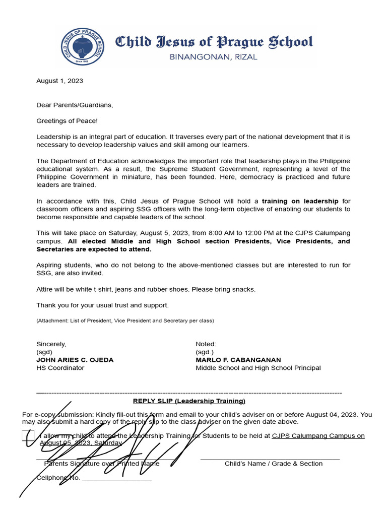 Leadership Training Letter To Parents | PDF | Social Institutions