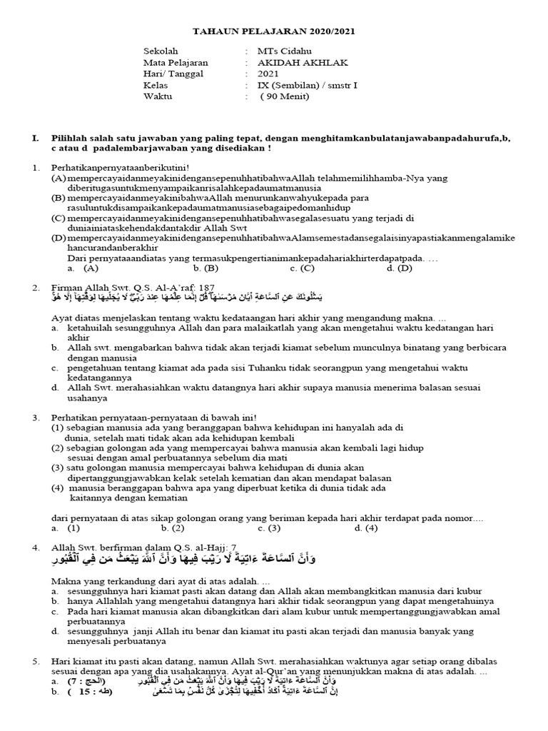 Soal Pas Akidah Kelas 9 | PDF