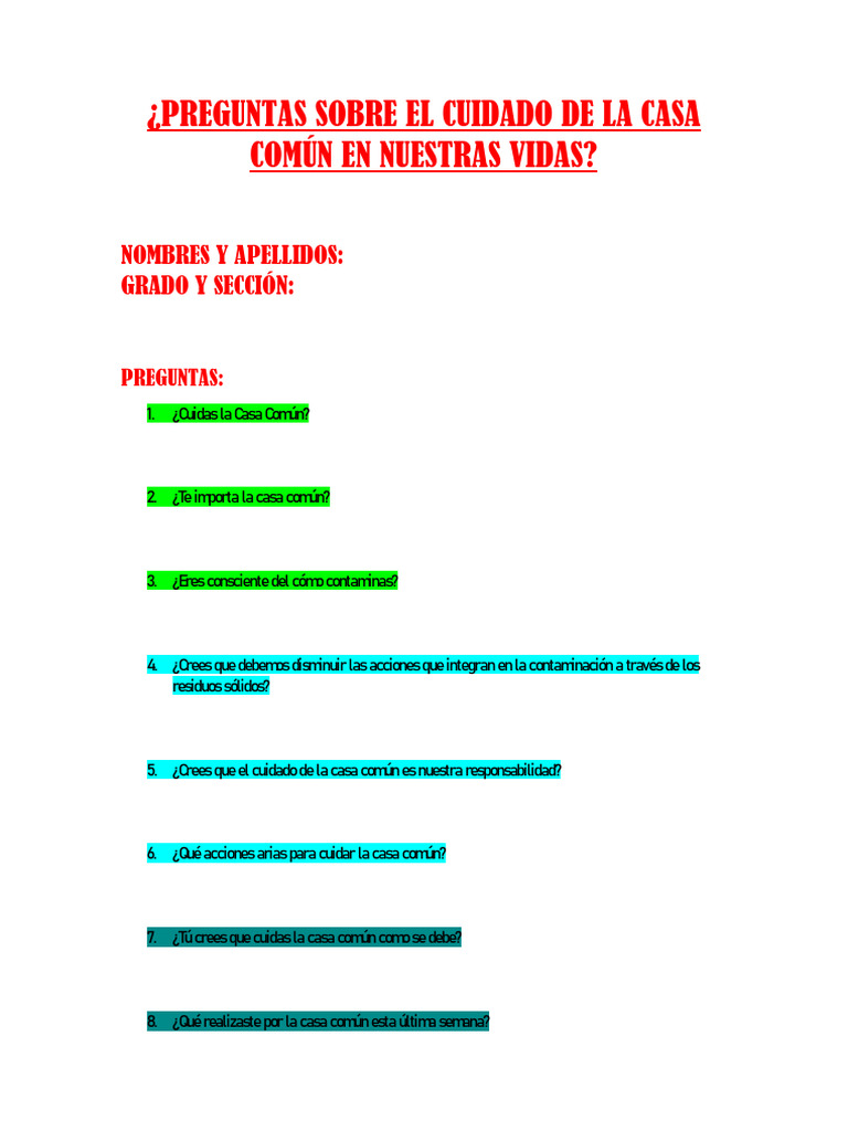 Preguntas Sobre El Cuidado de La Casa Común en Nuestras Vida2 | PDF