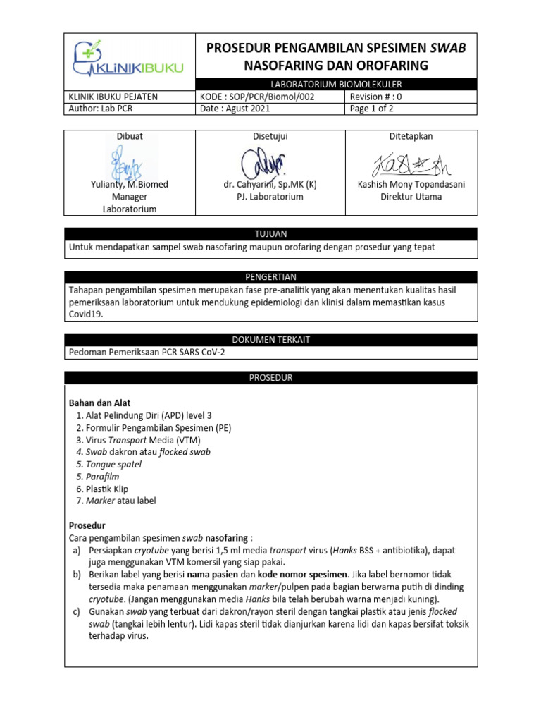 002-Prosedur Pengambilan Spesimen Swab Nasofaring Dan Orofaring | PDF