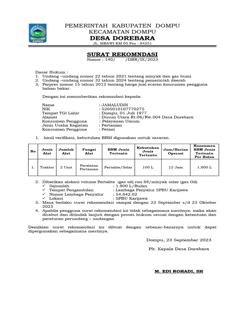 Surat Rekomendasi BBM | PDF