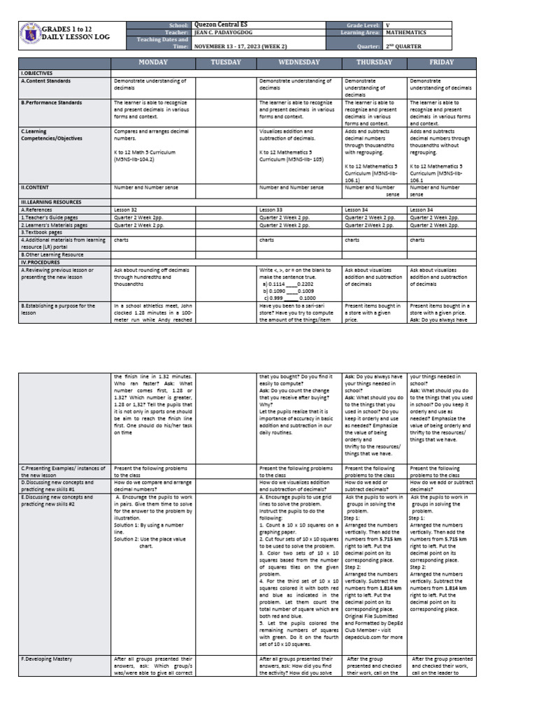 DLL - Mathematics 5 - Q2 - W2 | PDF | Numbers | Differentiated Instruction