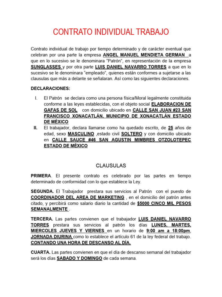 CONTRATO INDIVIDUAL TRABAJO | PDF | México