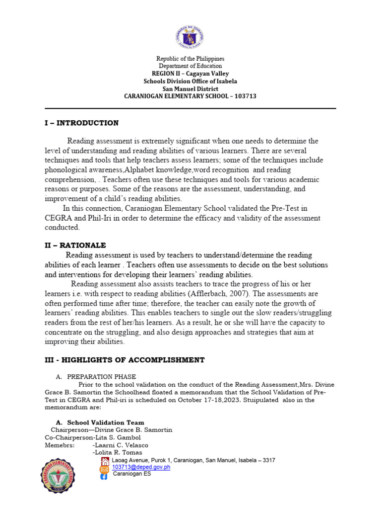 Ces 103713 Narrative Accomplishment Report on the Validation of Reading ...