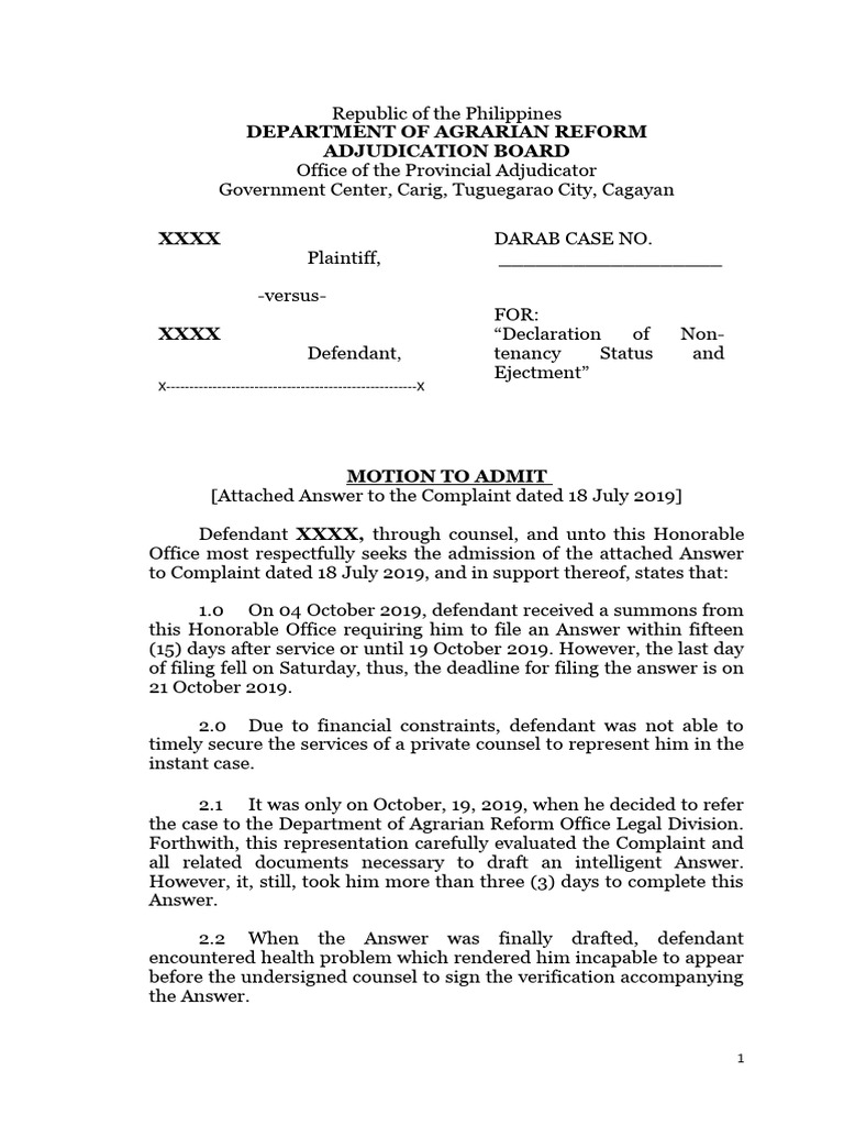 MOTION TO ADMIT ANSWER For Upload | PDF | Complaint | Justice