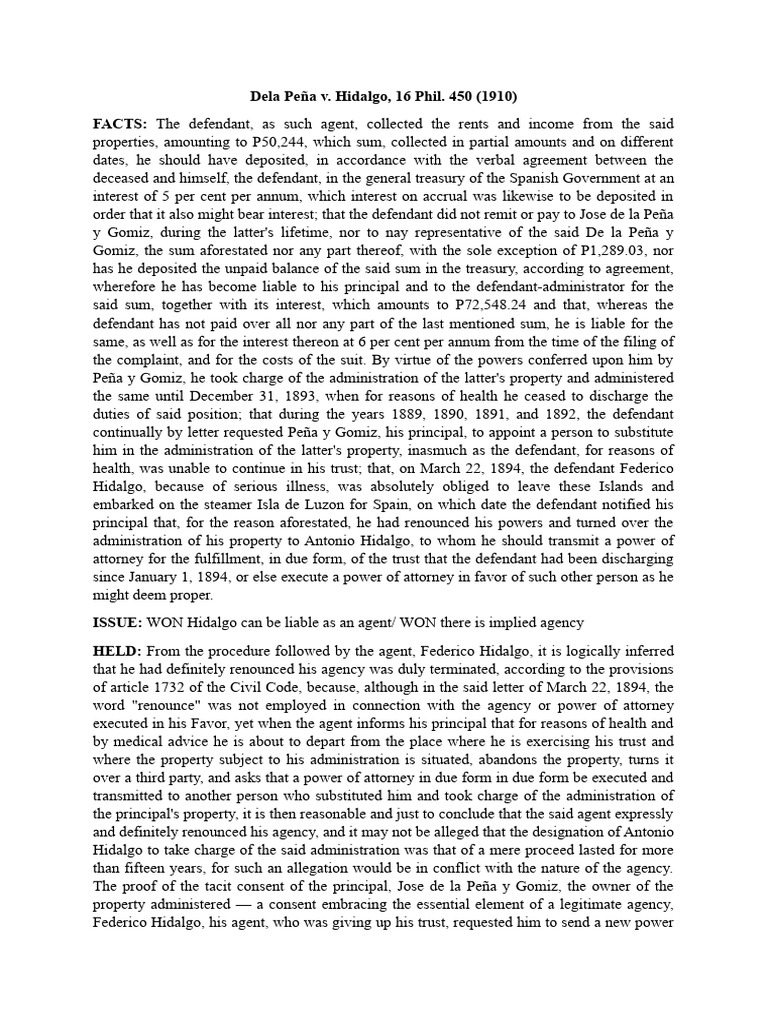 Dela Peña v. Hidalgo | PDF | Power Of Attorney | Interest