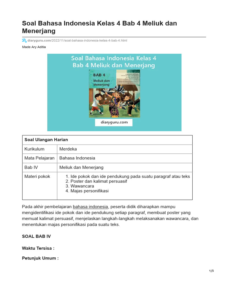 Soal Bahasa Indonesia Kelas 4 Bab 4 Meliuk Dan Menerjang | PDF