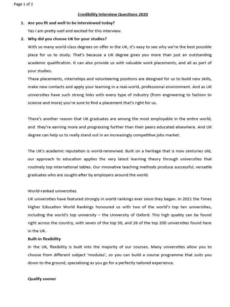 Credibility Interview Question New | PDF | Cost Of Living | University