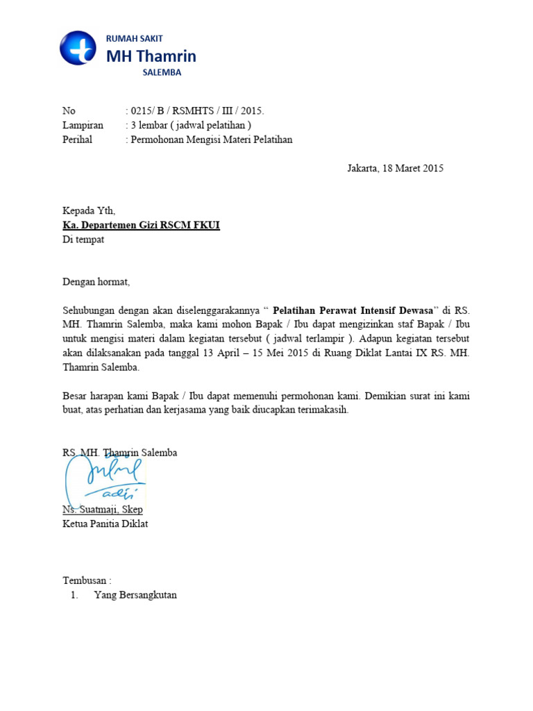 Surat Permohonan Mengisi Materi Pelatihan U Kadept Gizi Fkui 2015 | PDF