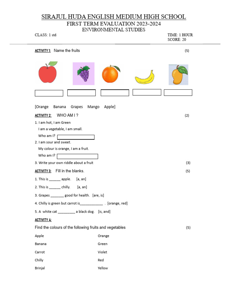 Class 1 Environmental Studies Evaluation | PDF