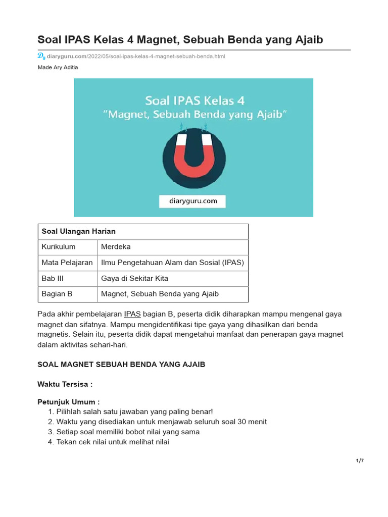 Soal IPAS Kelas 4 Magnet Sebuah Benda Yang Ajaib | PDF