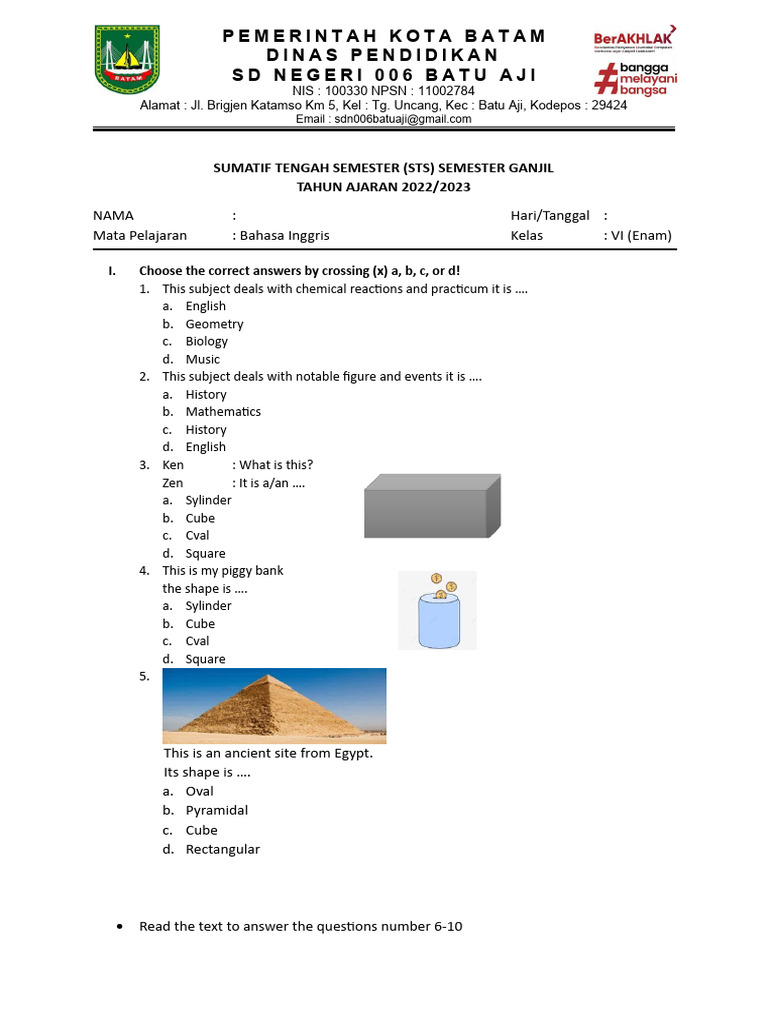 Soal Uts Bahasa Inggris Kelas 6 | PDF