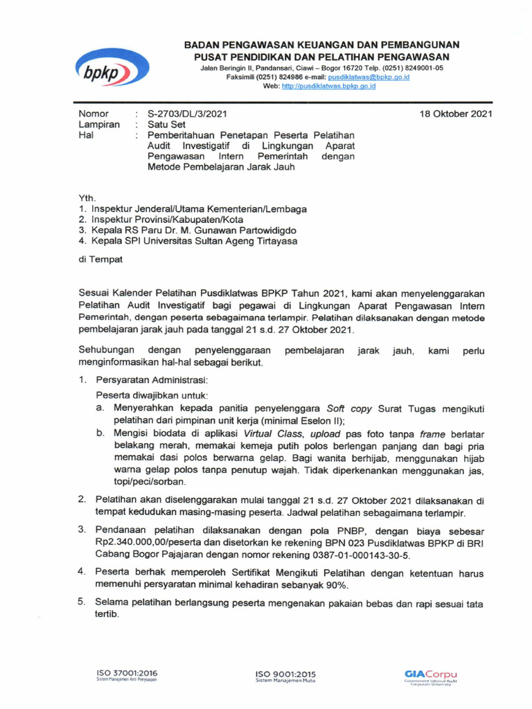 Surat S-2703 - Penetapan Audit Investigatif TGL 21-27 Oktober | PDF