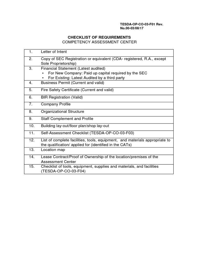 BPP (Checklist of Tools) TESDA OP CO 03 Accreditation ACs Forms ...