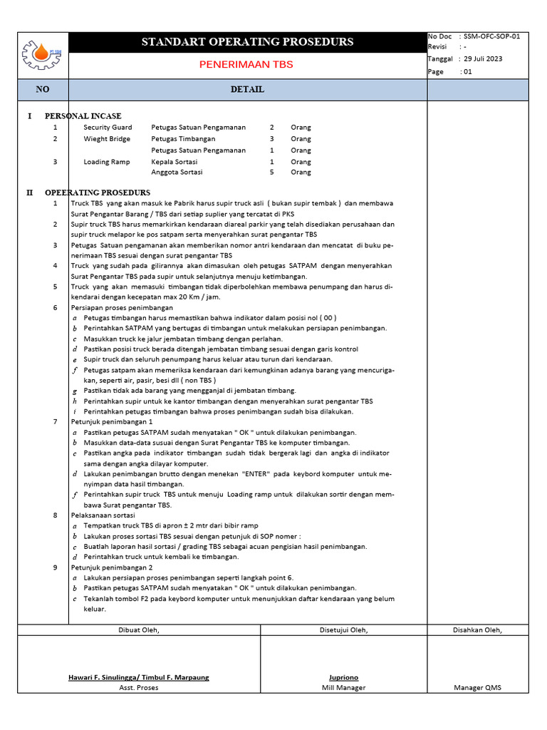 Sop 01 - Penerimaan Tbs | PDF