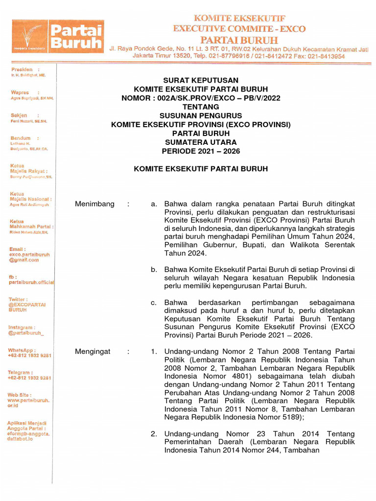 Susunan Pengurus DPD Partai Buruh | PDF