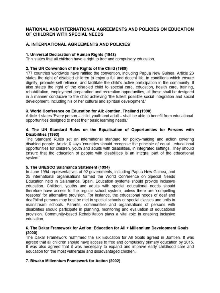 NATIONAL AND INTERNATIONAL AGREEMENTS and Policies On EDUCATION OF ...