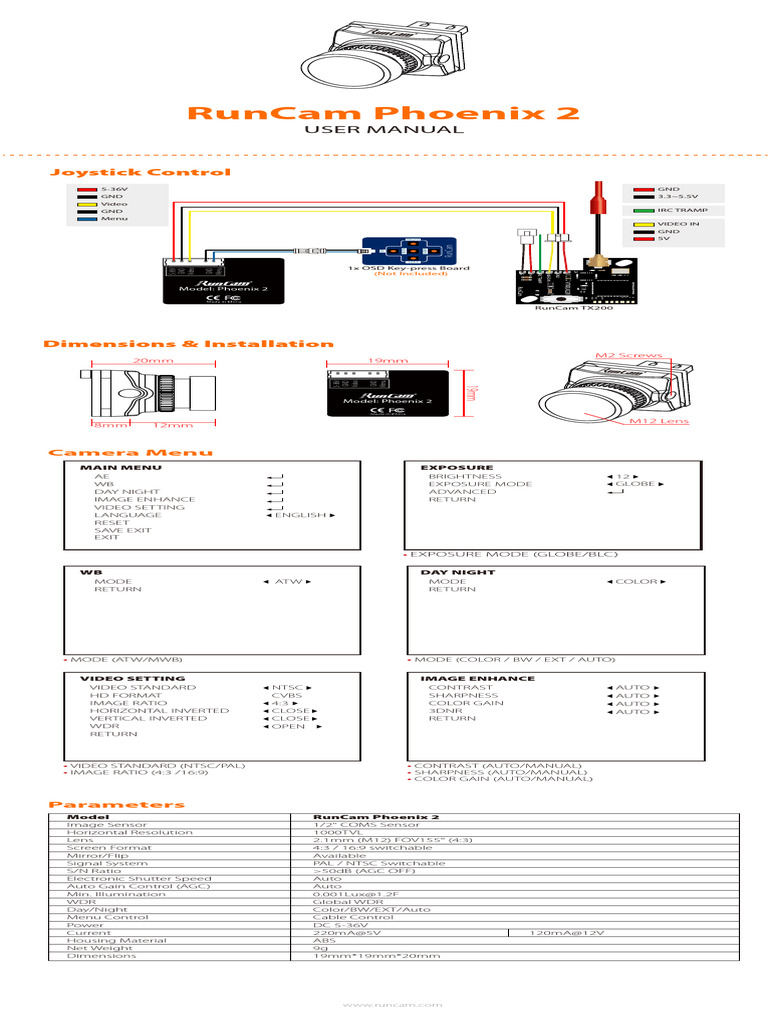 RunCam Phoenix 2 User Manual | PDF | Video | Exposure (Photography)