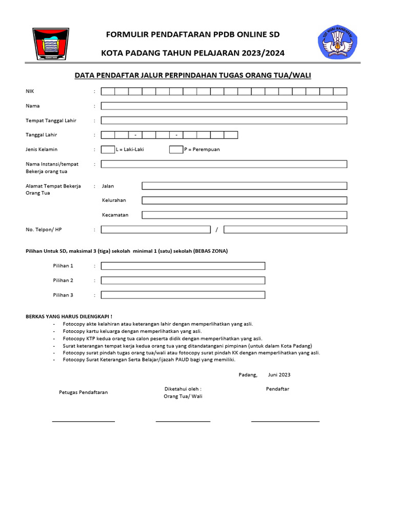Formulir Pendaftaran PPDB SD Padang | PDF