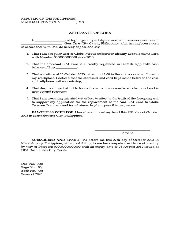 Affidavit of Loss for Globe SIM Card | PDF | Finance & Money Management
