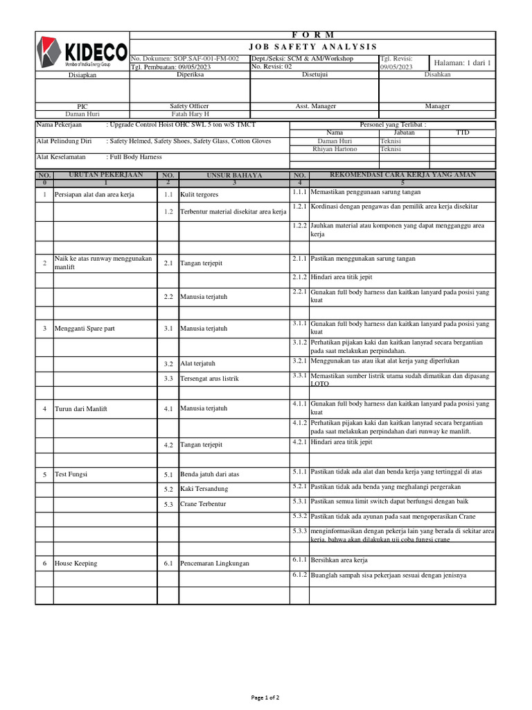 SOP - SAF-001-FM-002 FORM JSA Rev 02 - Upgrade Control Hoist OHC SWL 5 ... SOP - SAF-001-FM-002 FORM JSA Rev 02 - Upgrade Control Hoist OHC SWL 5 ...