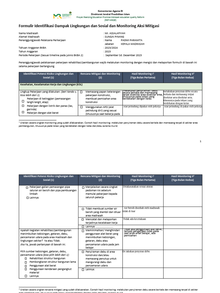 Formulir Identifikasi Dampak Lingkungan Dan Sosial Dan Monitoring Aksi Mitigasi New | PDF