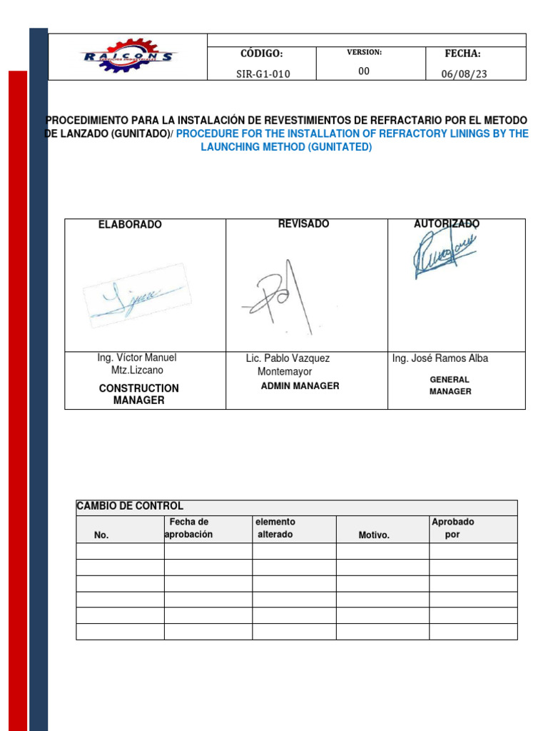 Sir-G1-010 Procedimiento Instalacion de Refractario Por El Metodo de ... Sir-G1-010 Procedimiento Instalacion de Refractario Por El Metodo de ...