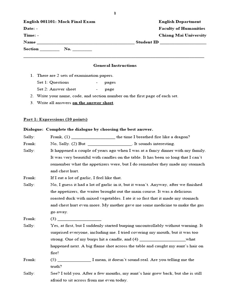 English 001101 Mock Final Exam Guide | PDF