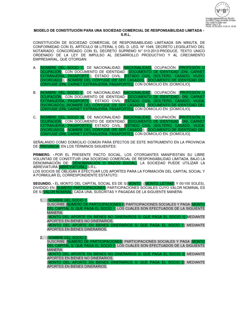 Modelo de Constitución para Una Sociedad Comercial de Responsabilidad Limitada - S.R.L | PDF ...