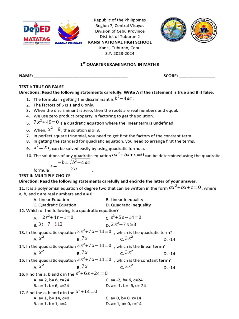 PT - Mathematics 9 - Q1 | PDF | Quadratic Equation | Equations