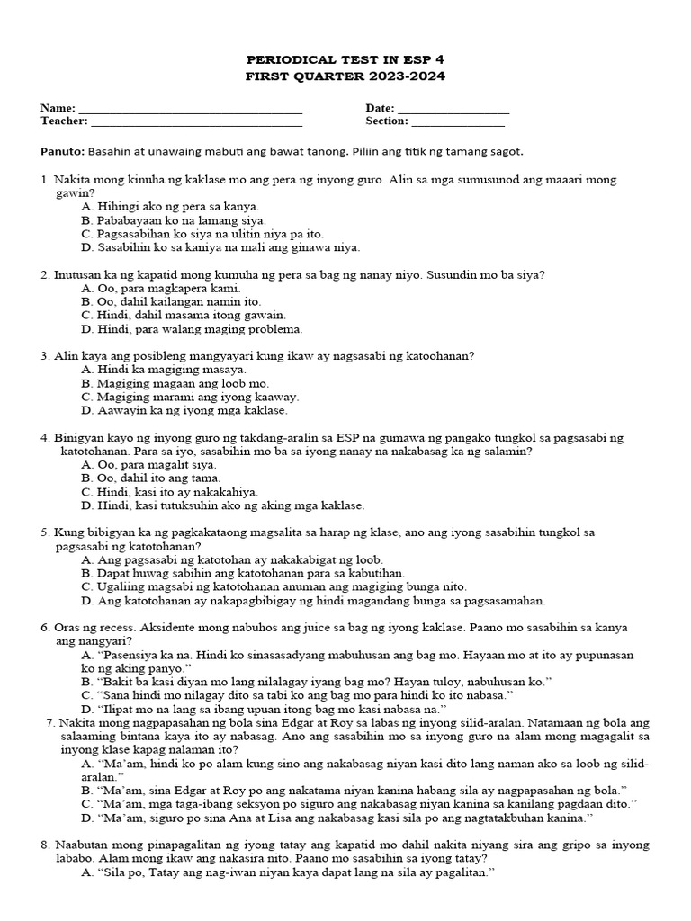 ESP 4 PT Q1 MELC-BASED | PDF