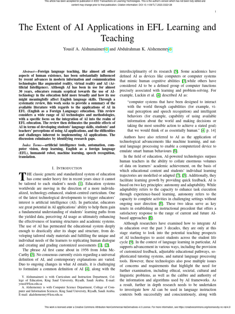 The Extent of AI Applications in EFL Learning and Teaching | PDF | Artificial Intelligence ...