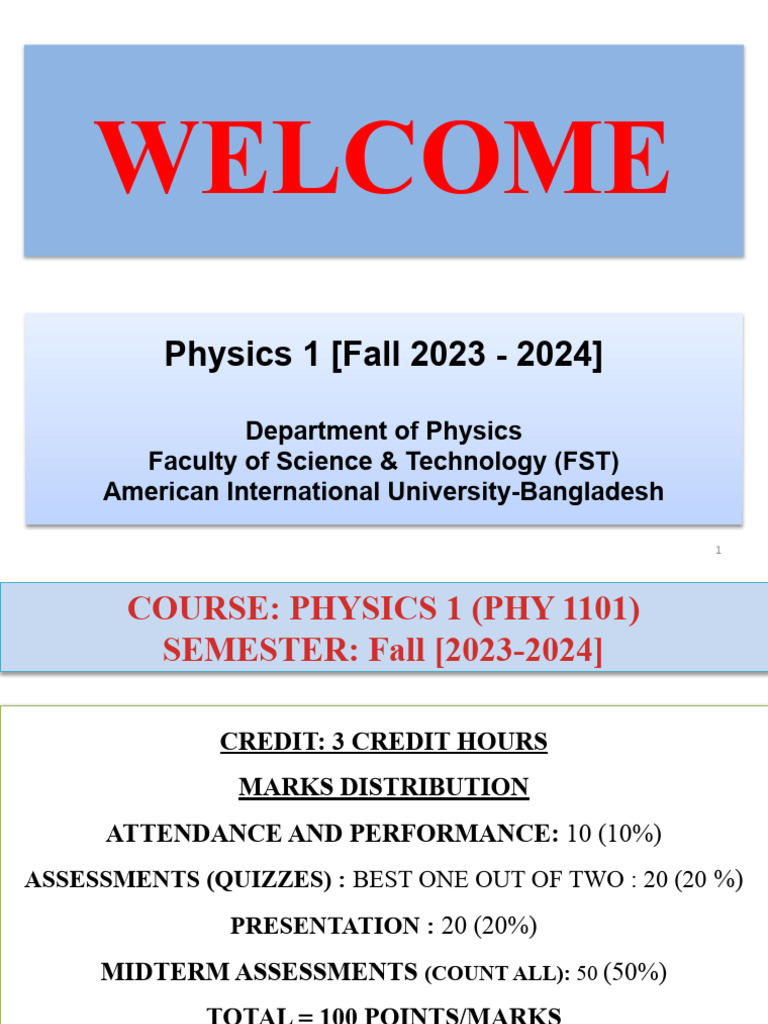 Physics 1 Course Outline Fall 2023 | PDF | Velocity | Euclidean Vector