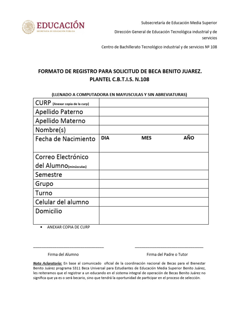 Formato de Solicitud Beca Benito Juárez | PDF | Negocios