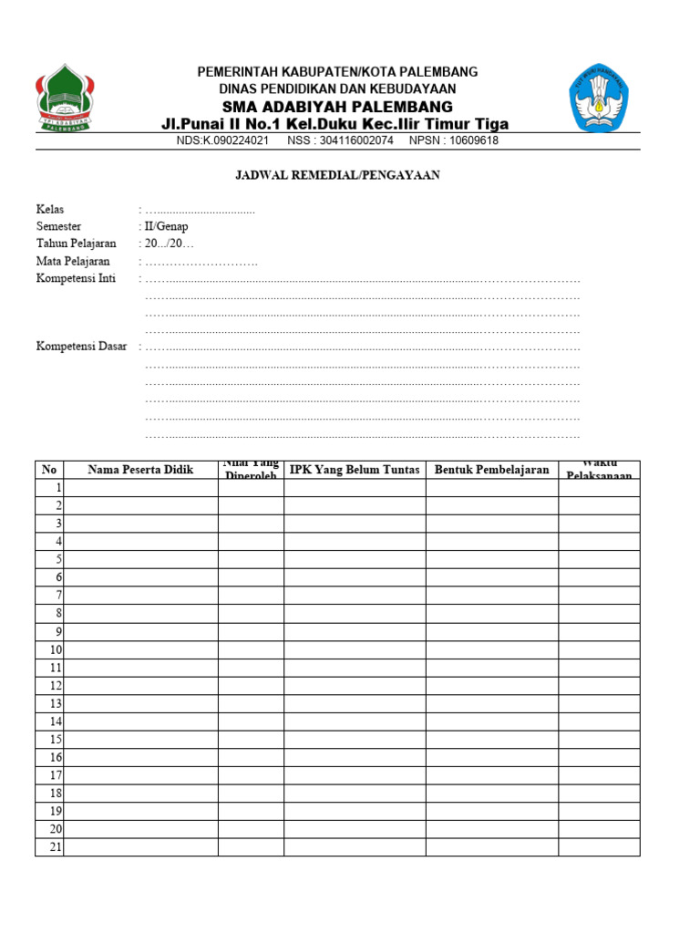 Jadwal Remedial SMA Adabiyah | PDF
